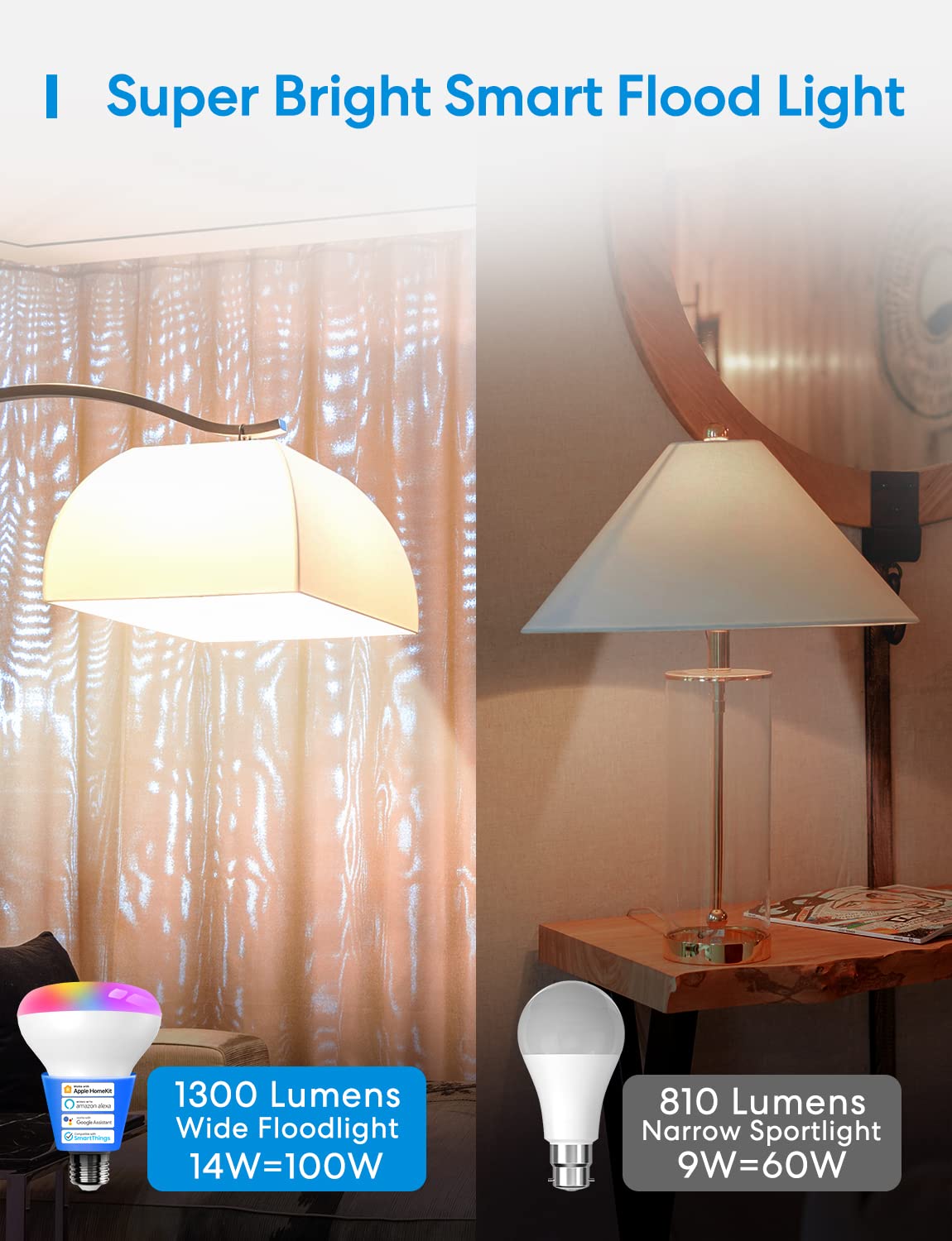meross Smart Light Bulb, BR30 Flood WiFi LED Bulbs Compatible with Apple Home, Alexa, Google Assistant & SmartThings, Dimmable E26 Multicolor 2700K-6500K RGBCW, 1300 Lumens 100W Equivalent, 2 Pack