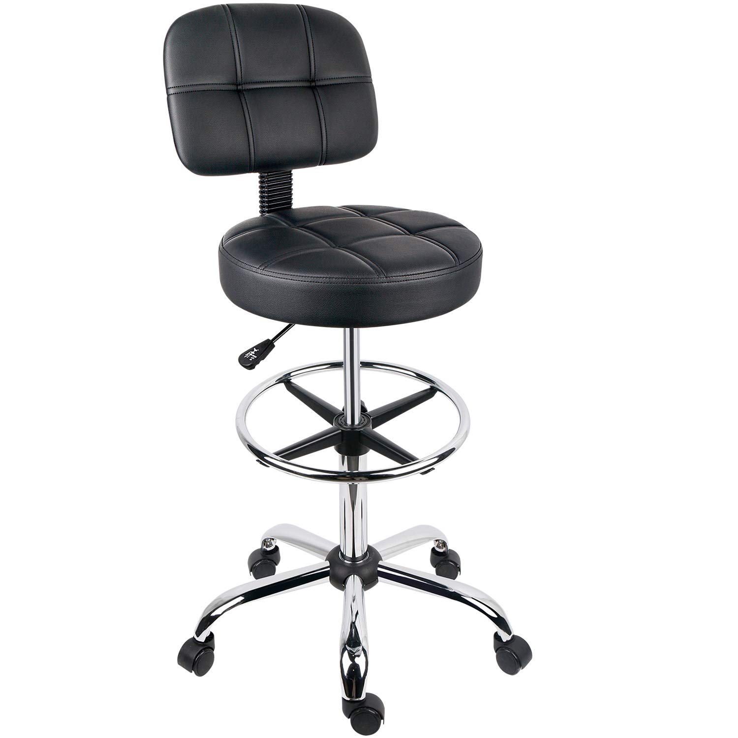 Leopard Round Drafting Chair, Adjustable Swivel Tall Drafting Stool Office Chair for Standing Desk, with Back and Footring - Black (Black)