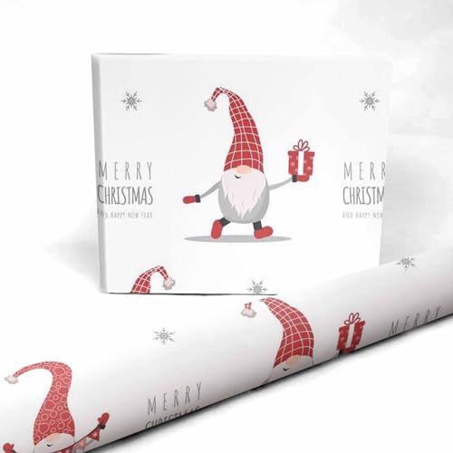 InterestPrint Christmas Pattern with G-nomes In Red Hats Gift Wrapping Paper Roll Christmas Retro Gift Wrapping Paper Holiday Party Gift 3 Pieces