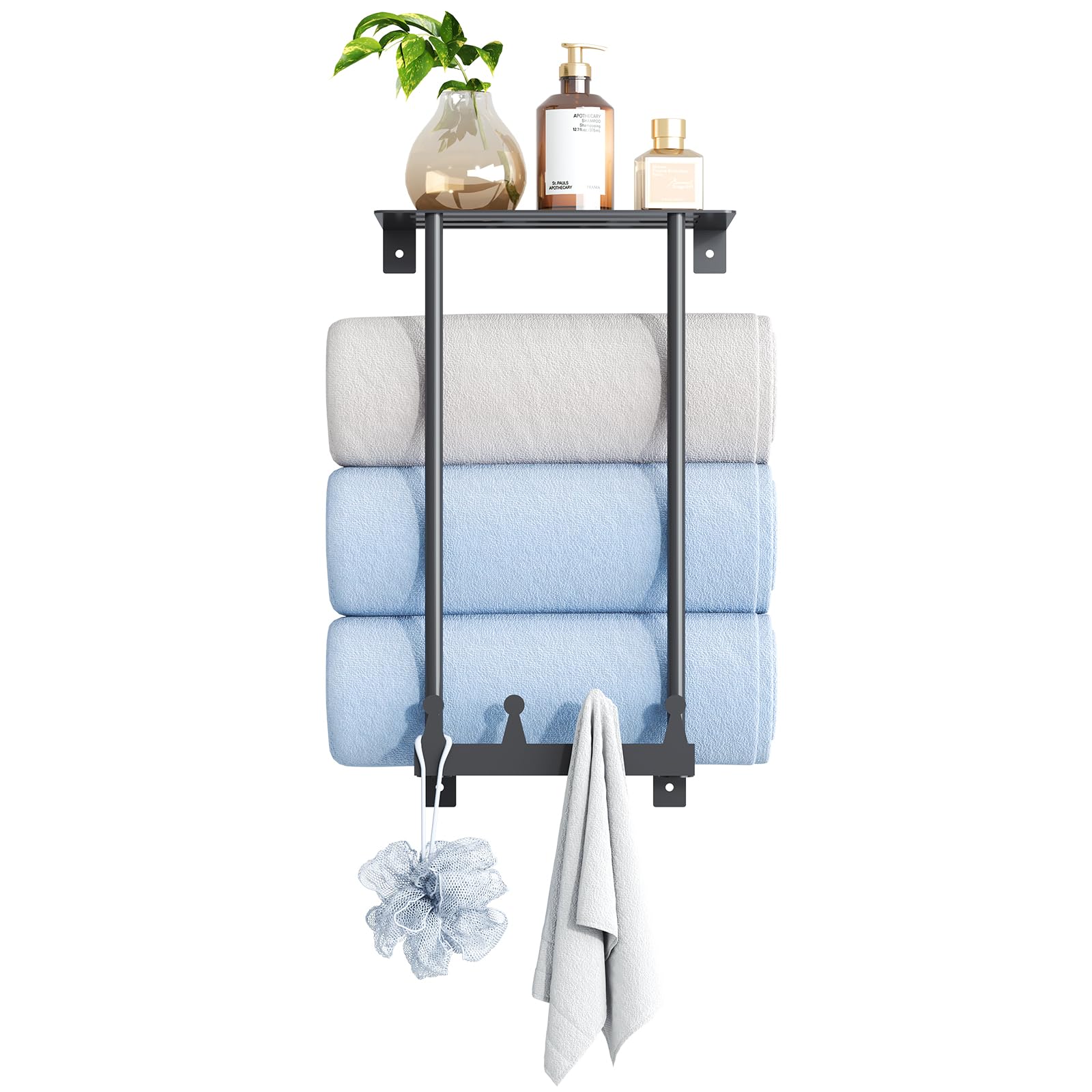 Towel Racks for Bathroom Wall Mounted, Rolled or Folded Towel Holder with Metal Shelf and 4 Hooks for Small Bathroom, Wall Mounted Metal Bathroom Organizer, Sturdy and Large Capacity (1 Shelf)