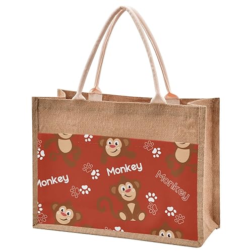 Jute Burlap Tote Monkey Animal Paw Footprints Letter Cute Red New Year Christmas Large Beach Bag Reusable Grocery Shopping Storage Bag