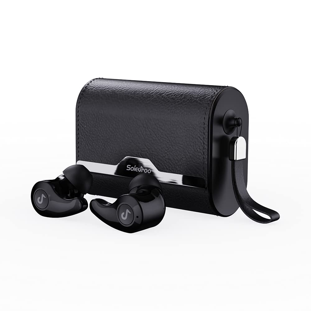 Soiedroo Black Bluetooth True Wireless Earbuds Deep Bass Headphone with Built-in Noise Cancelling Microphone with Super Long Play Hours with Leather Wireless Charging Case