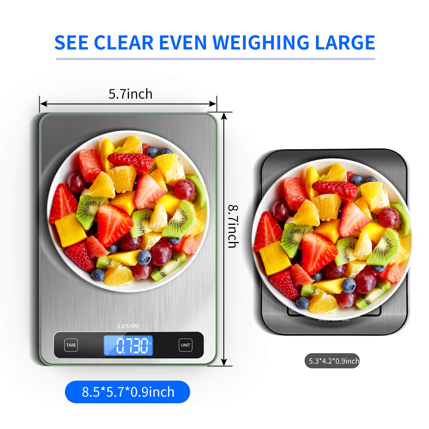 LEVIN Food Scale, 33lb Digital Kitchen Scale with 1g/0.05oz Precise Graduation, 5 Units LCD Display Scale for Cooking/Baking in KG, G, oz, ml, and lb, Easy Clean Stainless Steel and Tempered Glass