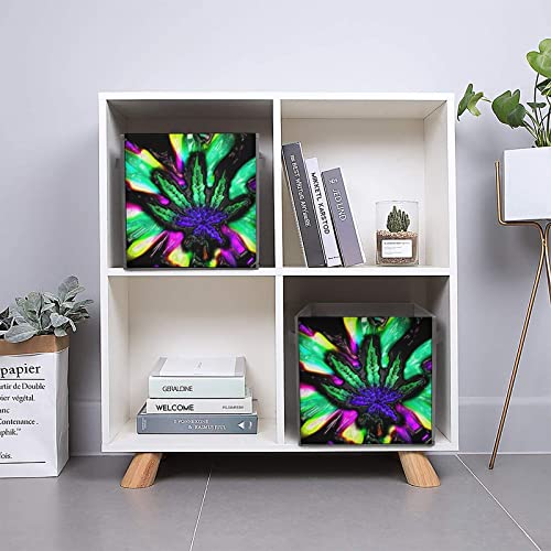 Trippy Psychedelic Leaf Storage Bins Cubes Foldable Fabric Organizers with Handles Clothes Bag Book Box Toys Basket for Shelves Closet 10.6"