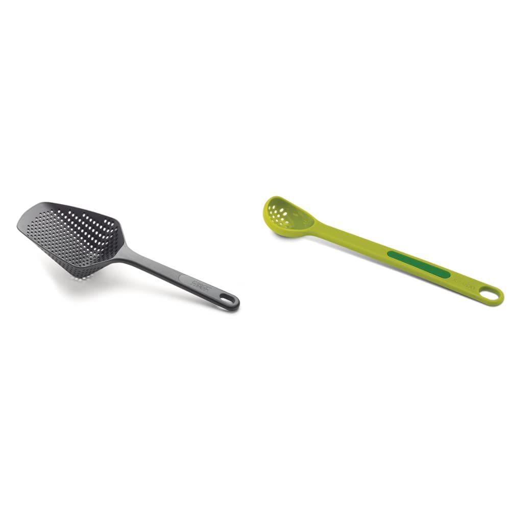 Joseph Joseph Scoop Colander Strainer Slotted Spoon, Large, Black & Scoop & Pick Jar Spoon and Fork Set, Green