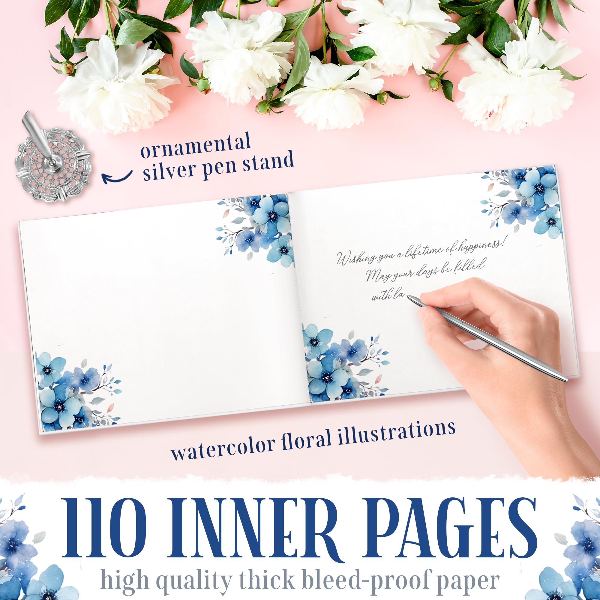 Wedding Guest Book Set includes 3 items , Wedding with a Metal Silver Pen , Guest Book With a Hardcover , Guest Book Wedding Reception Has 110 White Pages , Blank Book is White with Silver Details.