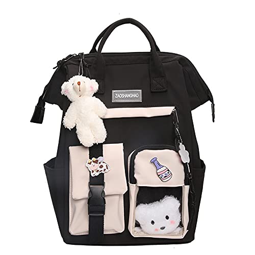 josfey Kawaii Backpack Cute Backpack Aesthetic Backpack Preppy Backpack Kawaii School Supplies with Accessories and 2Pins (Black)