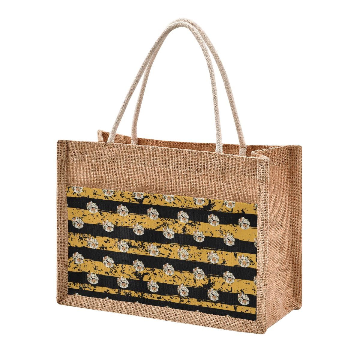Jute Tote Burlap Bag Love Lip Striped Valentine's Day Birthday Yellow Black Vintage Gift Bag Women DIY Work Grocery Storage Bag