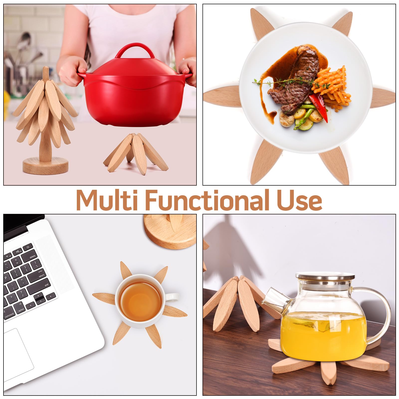 Wooden Trivets for Hot Dishes, Tree Shape Trivet Set,Trivets for Hot Dishes Store Like a Christmas Tree - 5 Wooden Trivet + 1 Stand(Beech Wood)