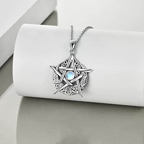ONEFINITY Lunar Pentagram Silver Pendant With A Moonstone Carved Vines Tiny Leaves Knotwork Silver Crescent Moon Witch Amulet Esoteric Pendant