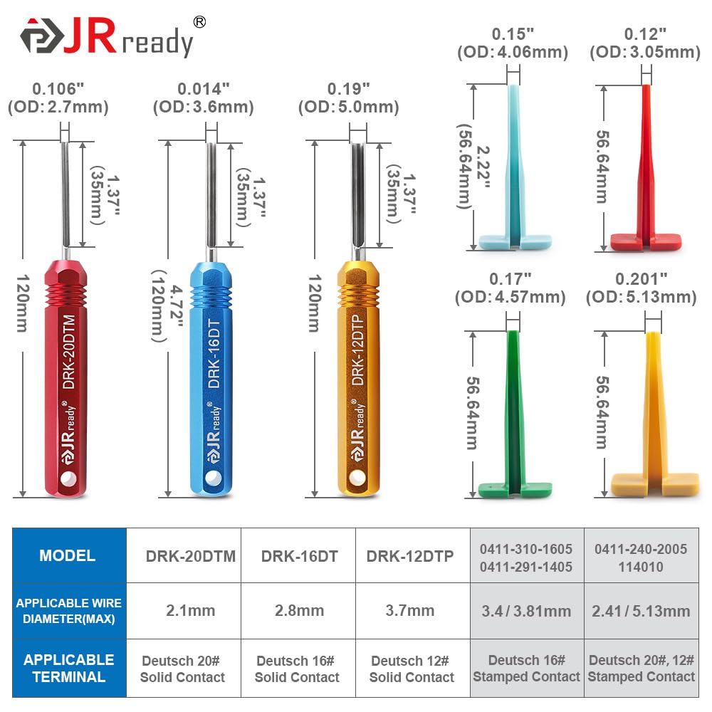 JRready ST5236 Deutsch Pin Extractor Tool for 16#12#20# Solid/Stamped Contacts 10-22 AWG, Terminal Removal Tool Kit with Steel DRK-RT1 for Deutsch DT,DTM,DTP Series Connector 13PCS