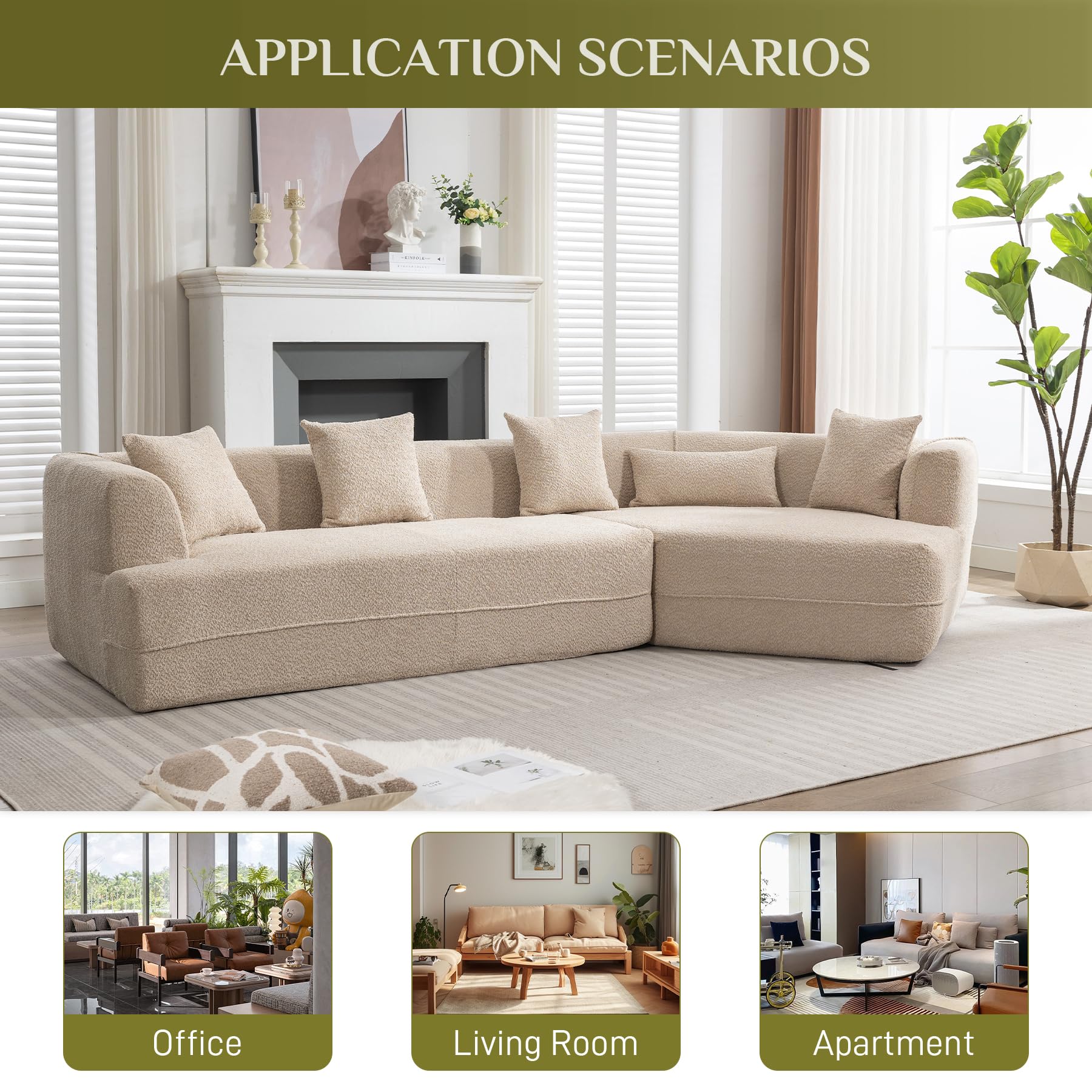 Wrofly 125.2" Modular Sectional Sofa Couch, Comfy Boucle Upholstered L-Shape Deep Seat Cloud Couch with Convertible Chaise, Modern Minimalist Sleeper Sofa Set for Living Room, Office, Light Brown