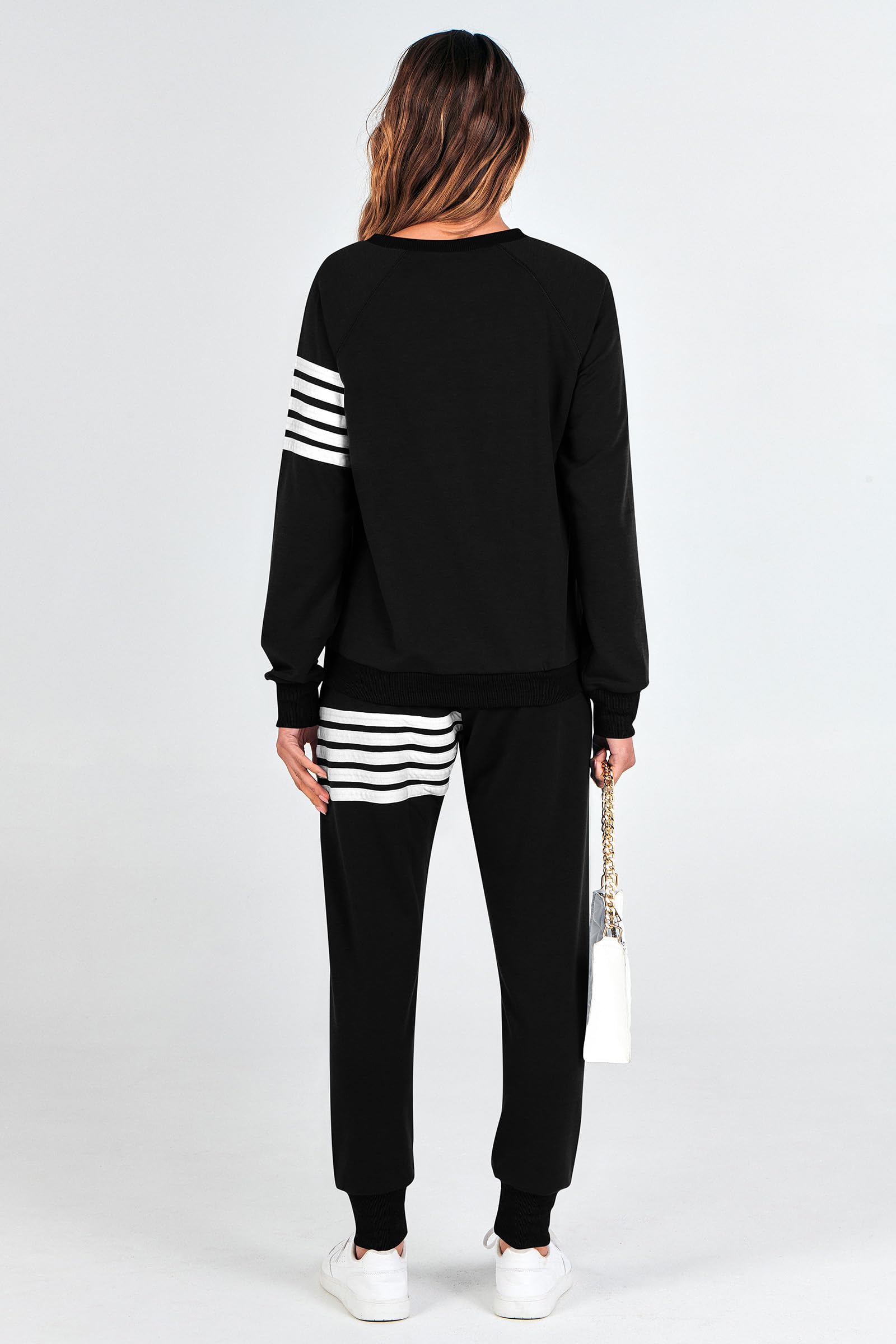 PRETTYGARDEN Women's Two Piece Striped Outfits Casual Long Sleeve Top and Sweatpants Matching Tracksuit Jogger Set (Black,Medium)