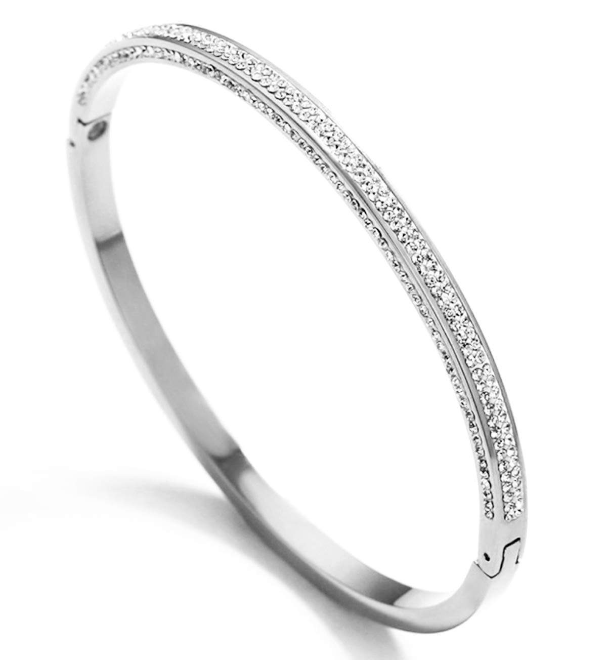 JewelryLand Gold Plated Titanium Stainless Steel Diamond Accent Pave CZ Stackable Oval Hinged Bangle Bracelet (Wide 7 GOLD)