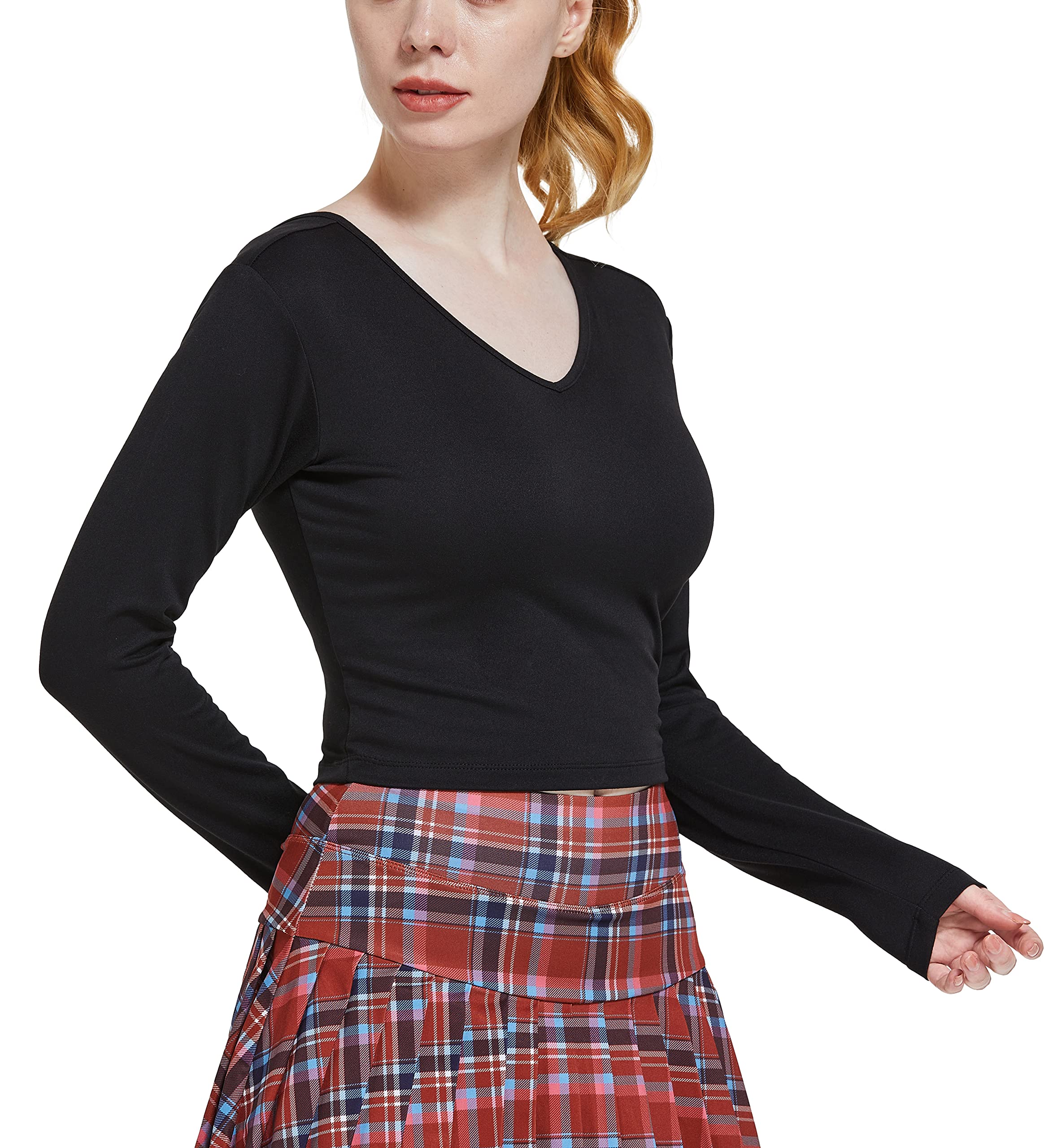 Long Sleeve Athletic Crop Top Sweatshirt for Women Cropped Gym Tops Basic Long Sleeve V Neck Tees Reversible Yoga Shirts Fitted Slim Black S