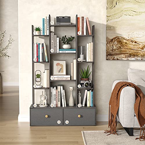 Unikito Book Shelf with 2 Drawers Free Standing Bookcase, Office Storage Shelf Organizer with 12 Open Bookshelf, Industrial Wood Book Case Display Rack for Bedroom, Living Room Home Office, Gray Oak