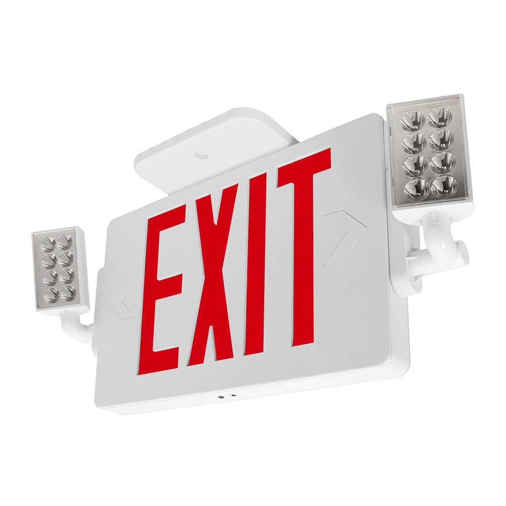 LFI Lights | Thin Combo Red Exit Sign with Emergency Lights | White Housing | All LED | Two Adjustable Heads | Hardwired with Battery Backup | UL Listed | (4 Pack) | COMBOT-R