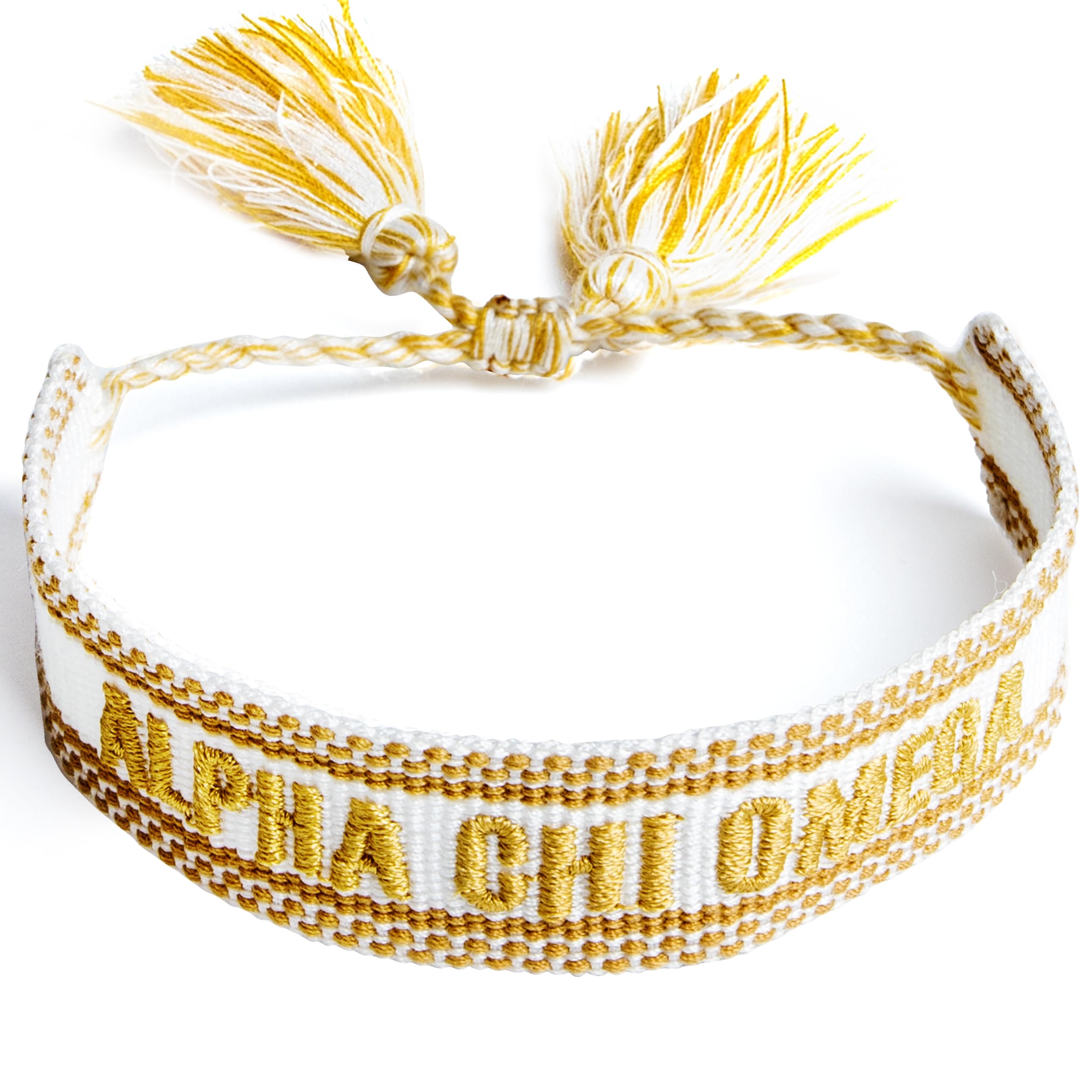 Sorority Shop Alpha Chi Omega Bracelet — Woven Bracelet, White and Gold Design with ACO Sorority Name and Tassels, Greek Sorority Jewelry and Big Little Sorority Gifts