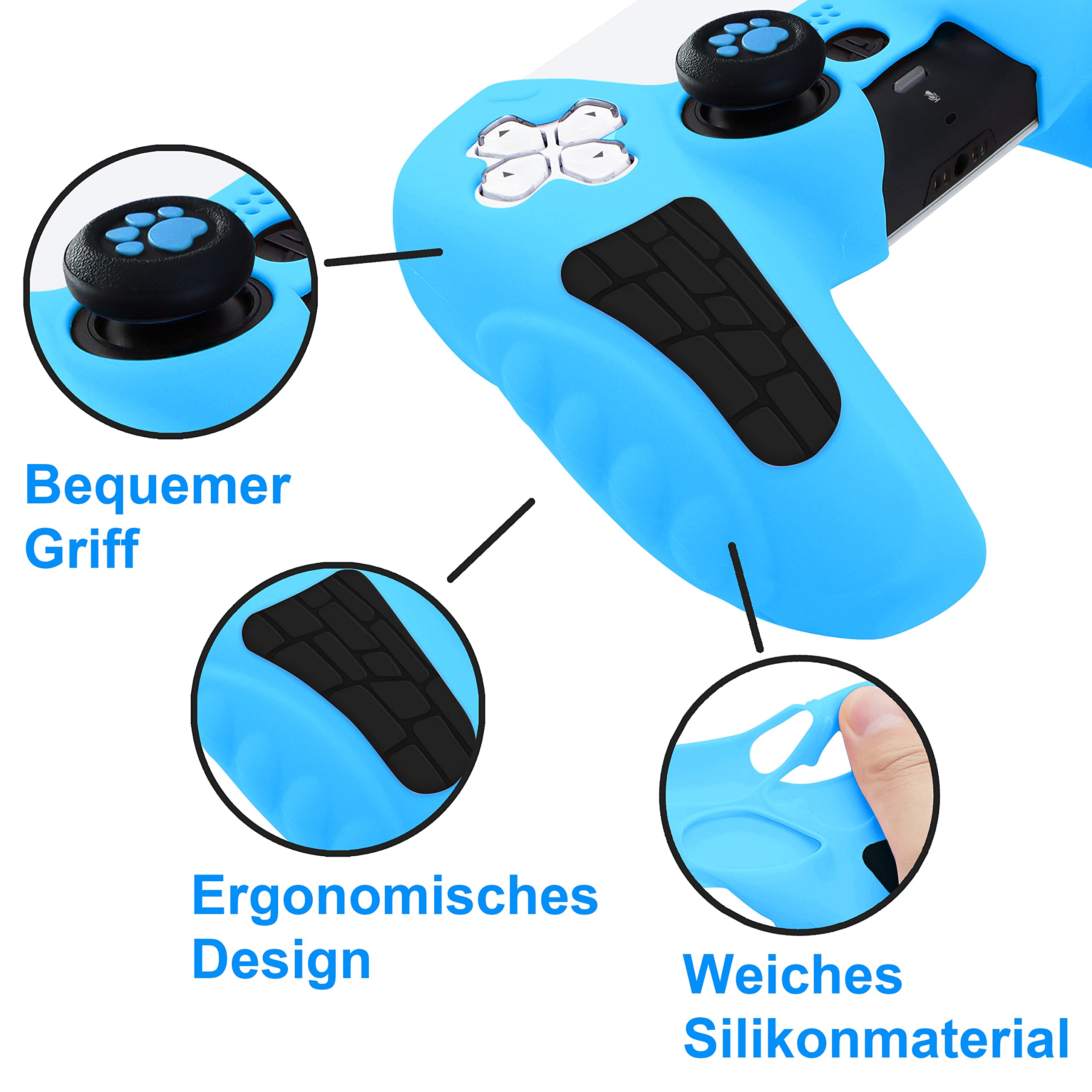 Silicone Skins Cover for PS5 Controller, Sweat-proof Protective Skin Shell Accessories Set with 2 Cute Cat Paw Joystick Thumb Grips Caps,Solid Protection and Good Grips(Blue)