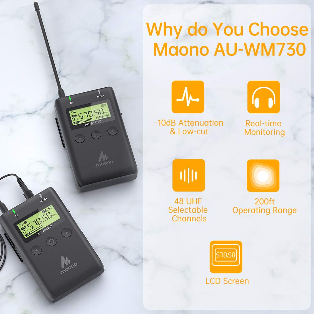 MAONO Wireless Lavalier Microphone System, Lapel Mic with -10dB Attenuation and Low Cut, Real-time Audio Monitoring, 48-Channel and Mute Compatible with Canon Nikon Sony DSLR, Camcorders(AU-WM730)