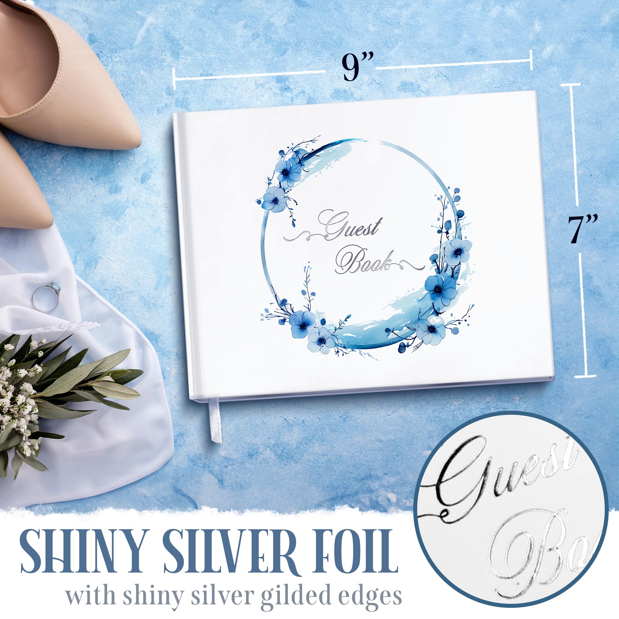 Wedding Guest Book Set includes 3 items , Wedding with a Metal Silver Pen , Guest Book With a Hardcover , Guest Book Wedding Reception Has 110 White Pages , Blank Book is White with Silver Details.