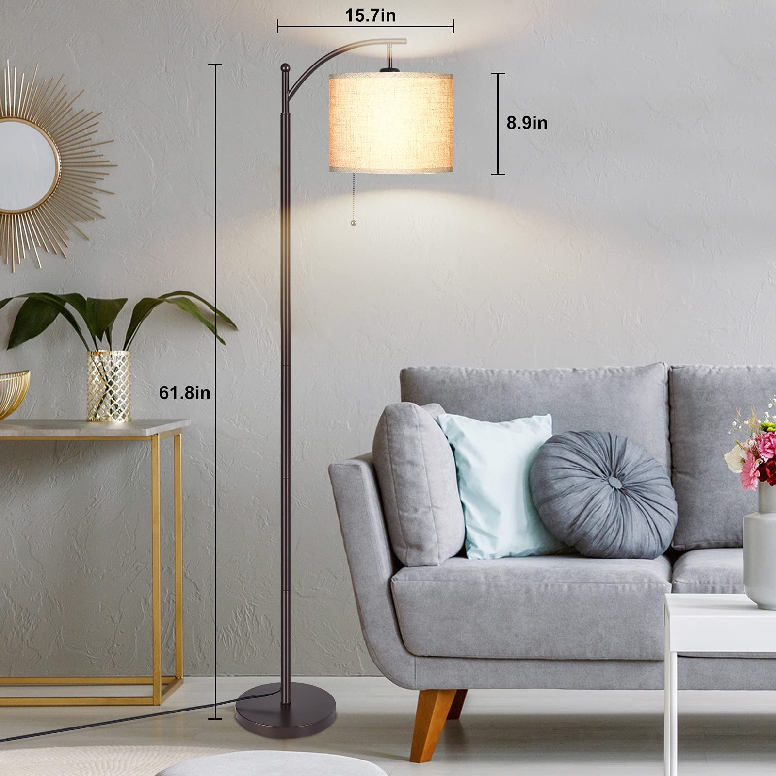 MOFFE Modern Arc Floor Lamp for Living Room, Bedroom, Office; Bright Lighting to Soft White Light - Includes 3-Mode Energy Saving LED Bulb 3000K - 6000K; Designer Shade and Pull Chain Switch, Brown