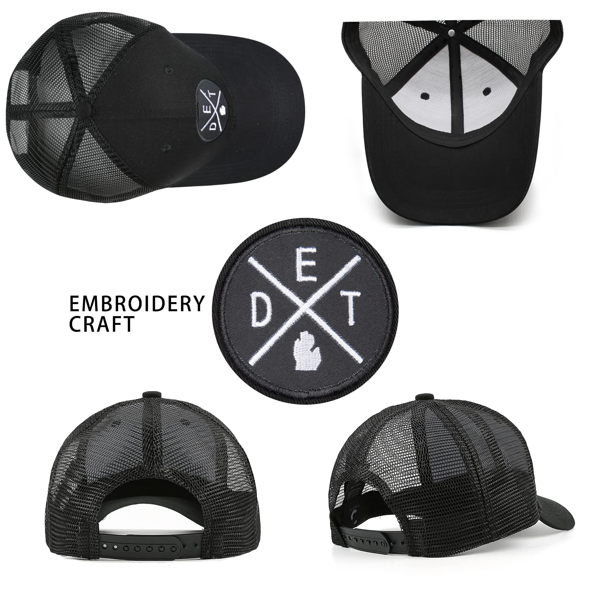 Nuyjimr Detroit - DET Black Baseball Caps for Women Men Mesh Trucker Cap Golf Hat Adjustable Size Cool