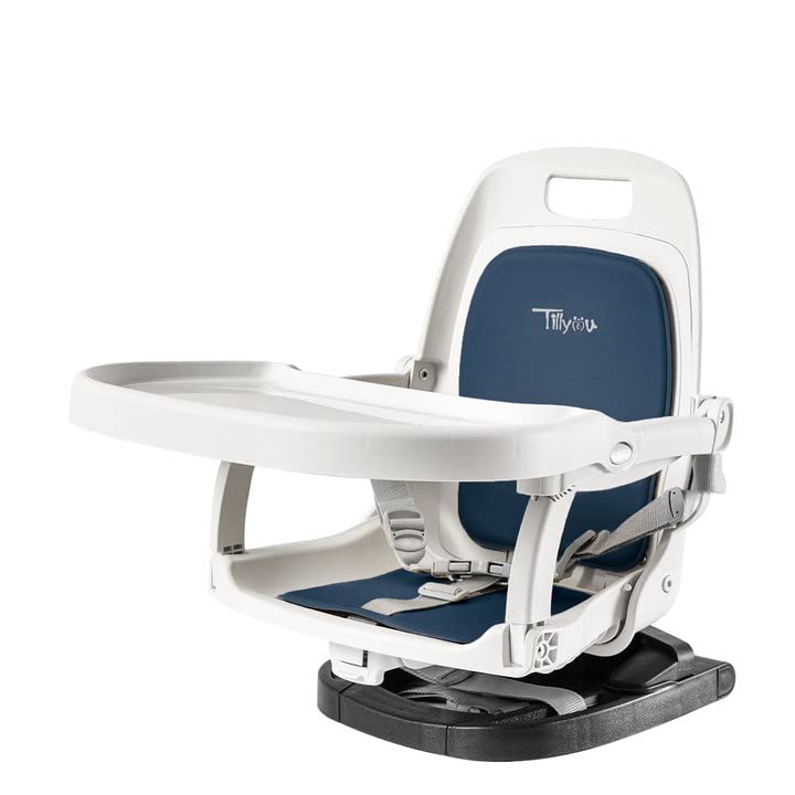 TILLYOU Foldable Baby with Removable Tray, Portable High Chair for Dining Table, Traveling, Adjustable 5-Position Height Baby Chair, Deep Blue