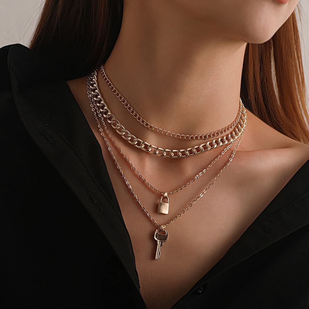 Key Lock Multilayer Necklace Thick Choker Necklaces Gold Necklace Chain for Women (Key lock layered necklace)