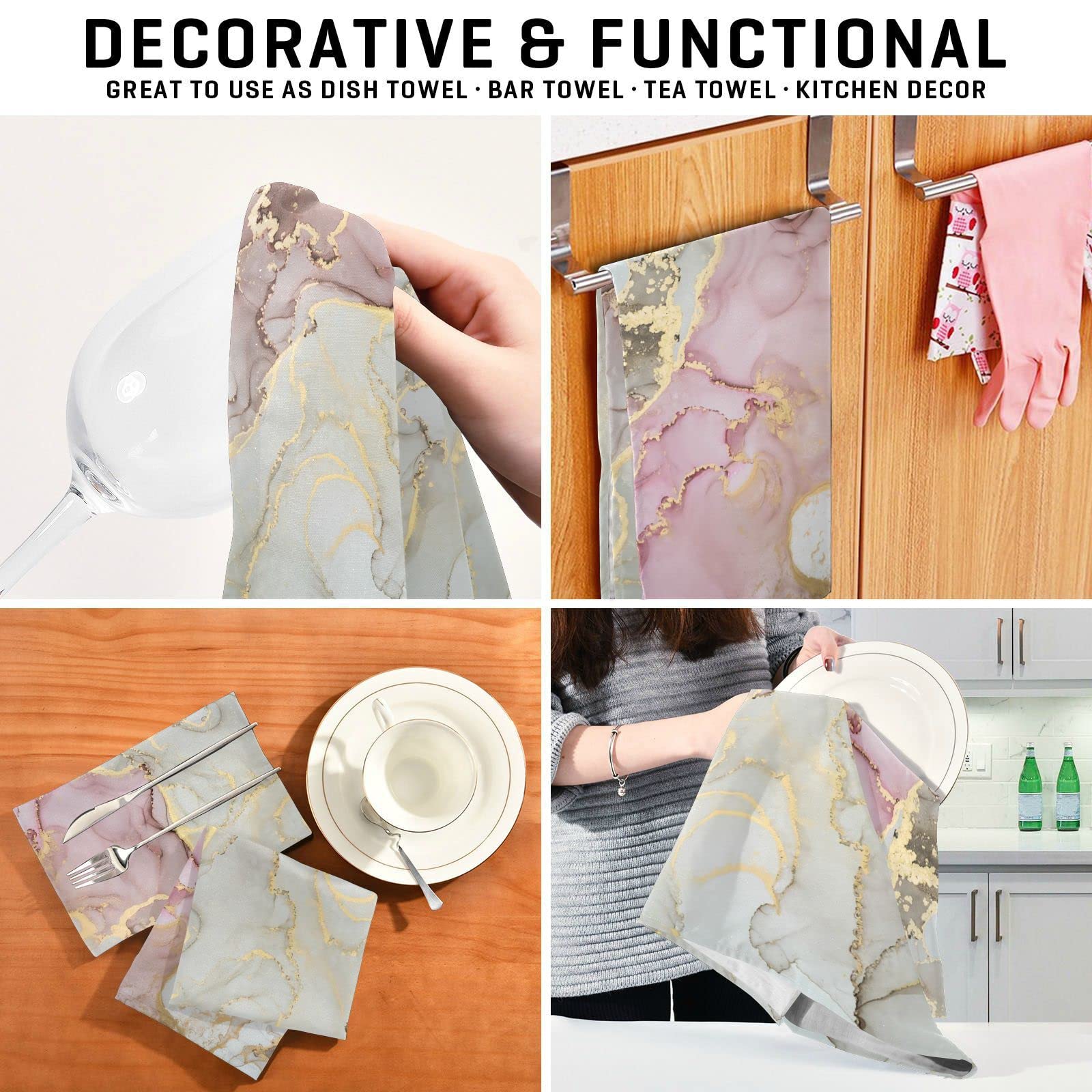 Pink Gold Marble Kitchen Dish Towels Soft Tea Towel Set of 4 Absorbent Dishcloths Hand Towels for Dish Clean Cloth 28" x 18"