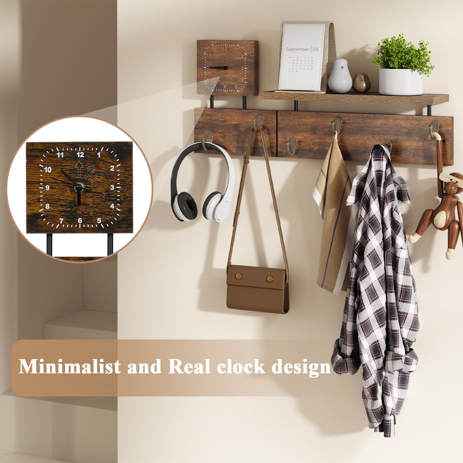 X-cosrack Coat Rack Wall Mount, Wooden Wall Mounted Storage Rack with Clock and 6 Hooks,Hanging Coat Rack with Shelf for Entryway, Bathroom, Living Room, Bedroom