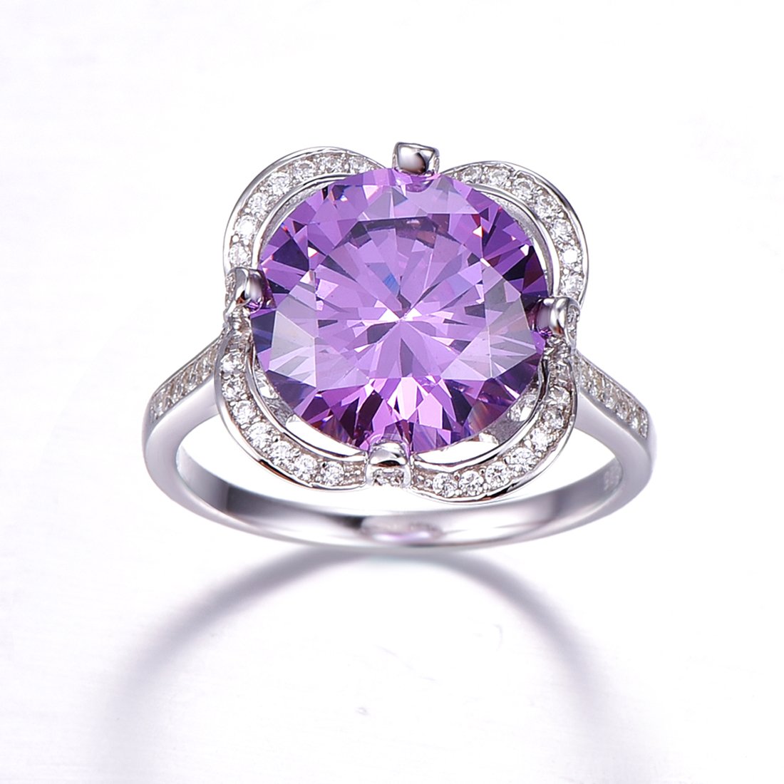 Merthus 10x10mm Round Simulated Amethyst 925 Sterling Silver Cocktail Flower Ring for Women Size 8
