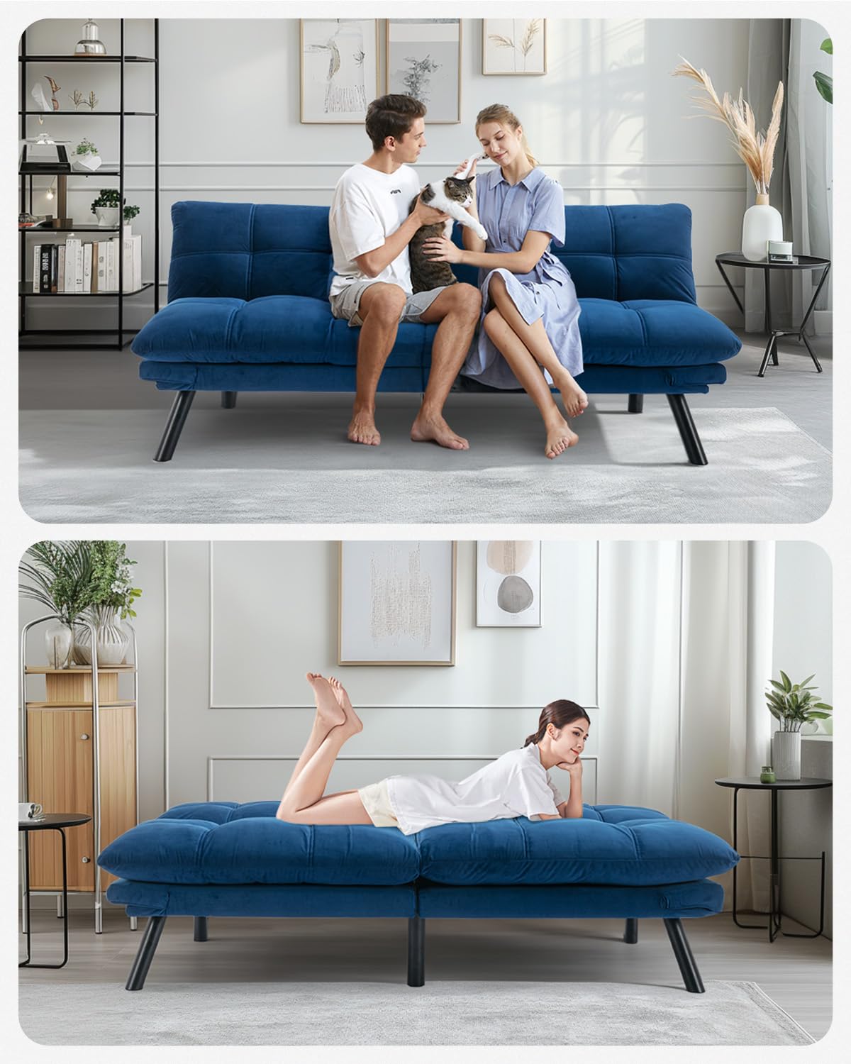 Velvet Convertible Futon Sofa Bed, 71" Comfy Loveseat Sleeper Sofa with Adjustable Backrest Armrest, Strengthen Wood, Thick Padded Cushion, Small 2 Seater Futon Couch for Living Room,Bedroom (blue)