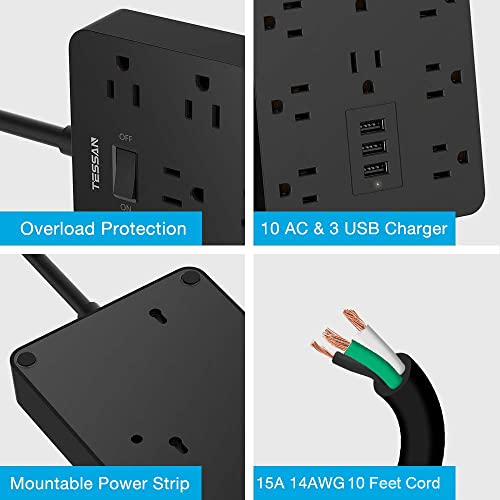 Surge Protector Extension Cord 10 Ft Black, TESSAN Flat Plug Power Strip with 10 Wide-Spaced AC Outlets and 3 USB Ports, 1875W/15A, 1700J Protection, Wall Mount Outlet Strip for Home, Office, School