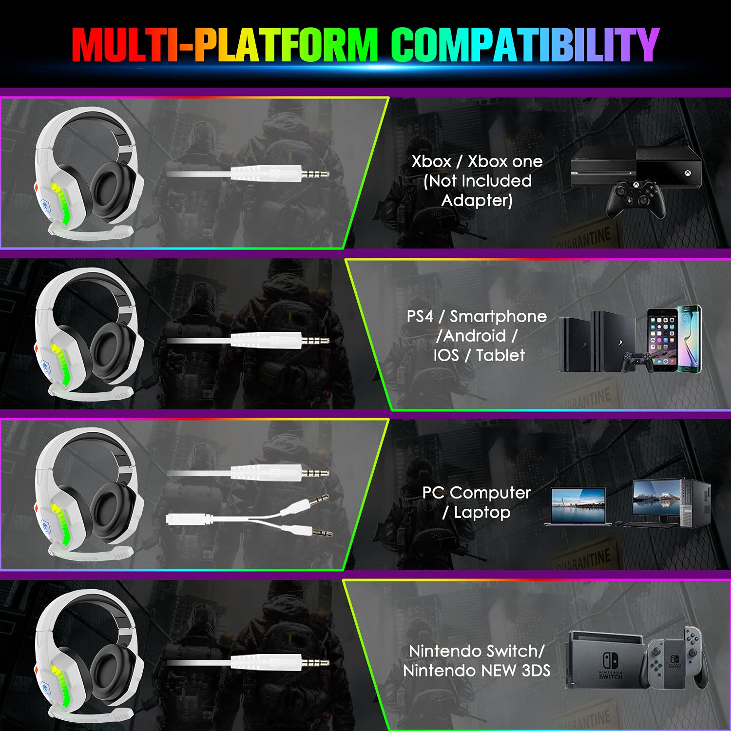 MANBASNAKE Gaming Headset for PS4 PC Xbox One PS5 Controller,Noise Cancelling Over Ear Headphones with Adjustable Mic,Breathing RGB Light,Bass Surround,Soft Memory Earmuffs for Laptop Mac Games(Black)