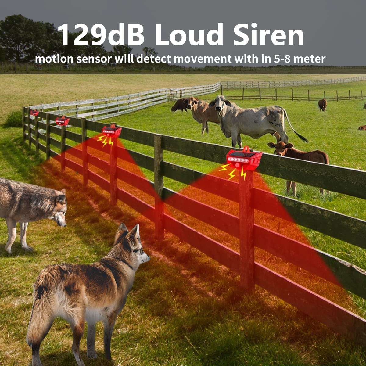Solar Strobe Alarm Light Motion Sensor Siren Outdoor IP65 Waterproof Solar Security Light 129DB Siren Alarm with Remote Control for House, Farm, Villa, Driveway, Warehouse