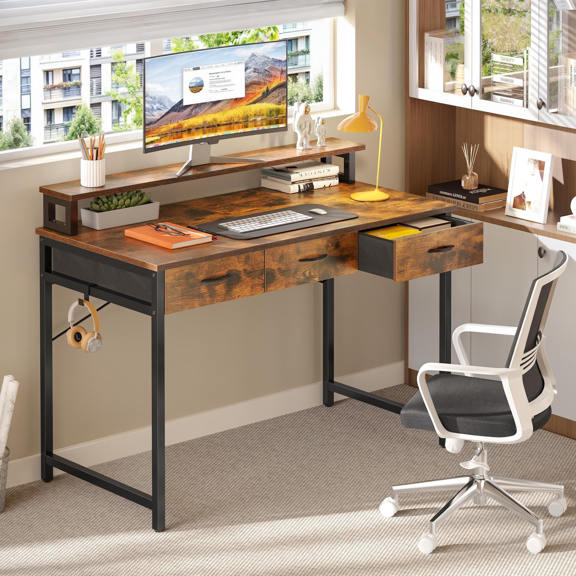 YITAHOME Small Computer Desk with Drawers, Office Desk with Monitor Stand for Small Spaces, Home Office Desks, Writing Desk Study Desk with Hooks, 31.4 x 19.7, Rustic Brown