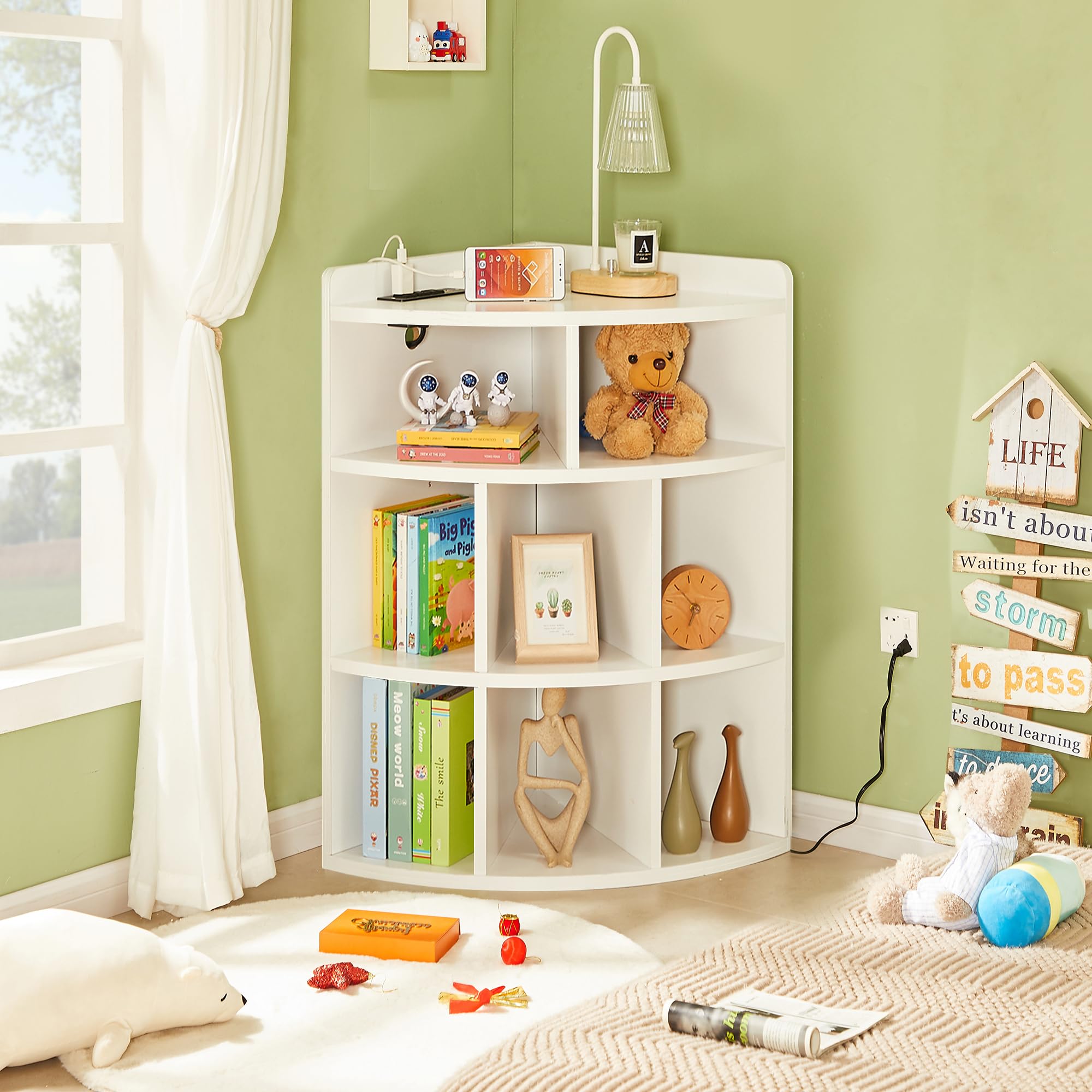 VECELO 3-Tier Cabinet with Adjusting Shelf Boards, Triangle 8 Cubes CornerStorage with USB Charging Station Outlets,Corner Bookshelf for Playroom,Bedroom&Living Room Home Office,Pearl White