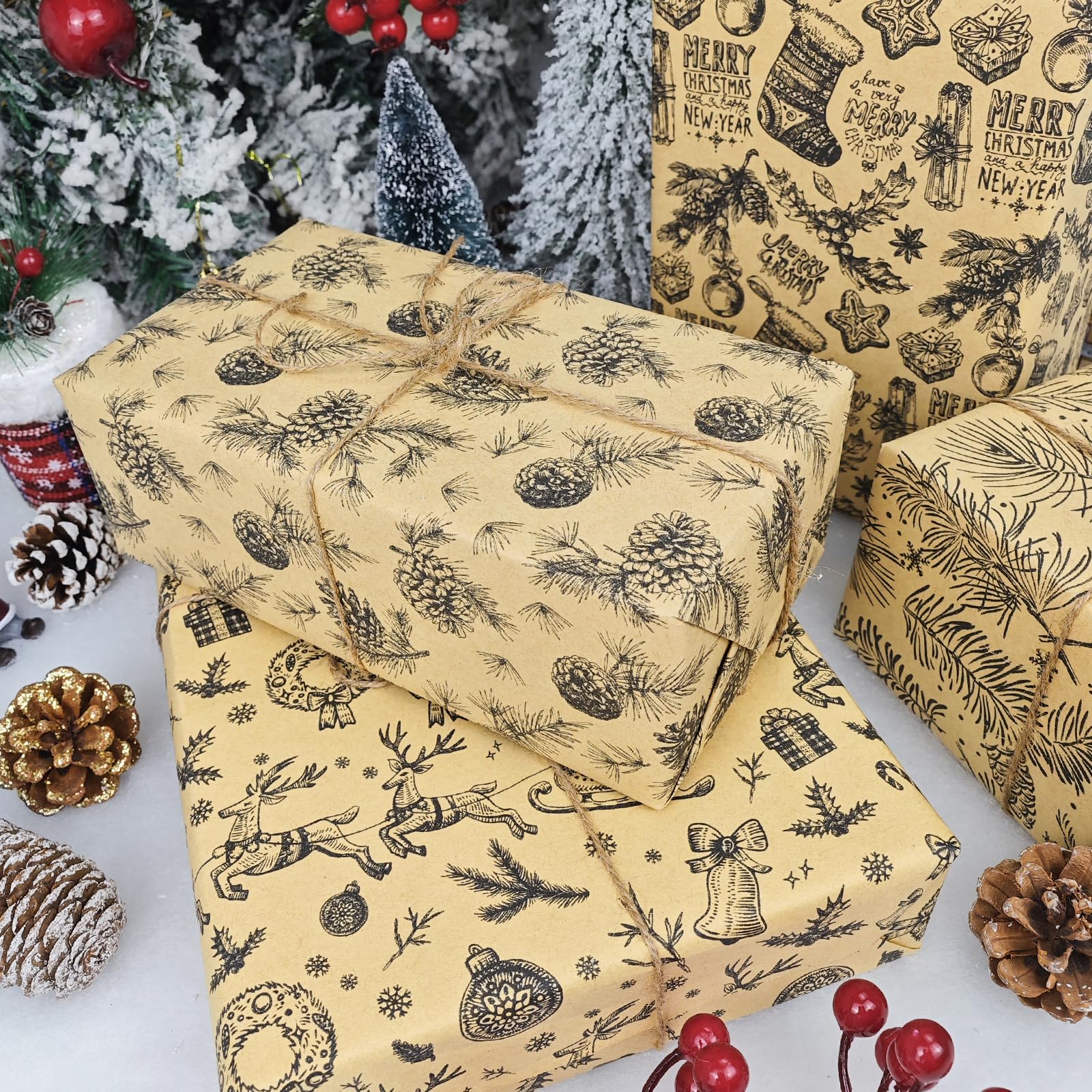 LDGOOAEL Mini Short Small Christmas Wrapping Paper Roll with Cut Lines on Reverse (17" X 120" Per Roll) - Red Gift Wrap with Santa&Snowflake&Plaid Design for Holiday, Birthday,Wedding