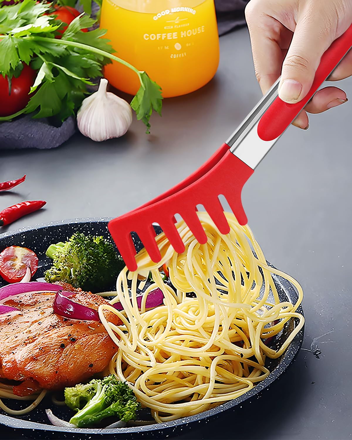 Spaghetti Spoon and Pasta Tong, Non-stick Silicone Spoon Server Fork with teeth and Stainless Steel Handle Spaghetti Tong, Food Clip for Spaghetti Noodle, Red