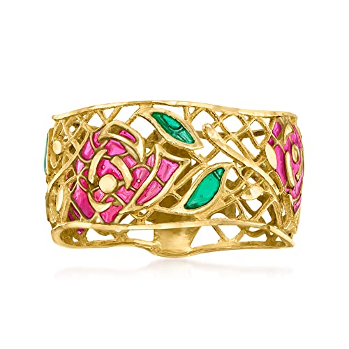 Ross-Simons Italian Pink and Green Enamel Rose Ring in 14kt Yellow Gold. Size 8