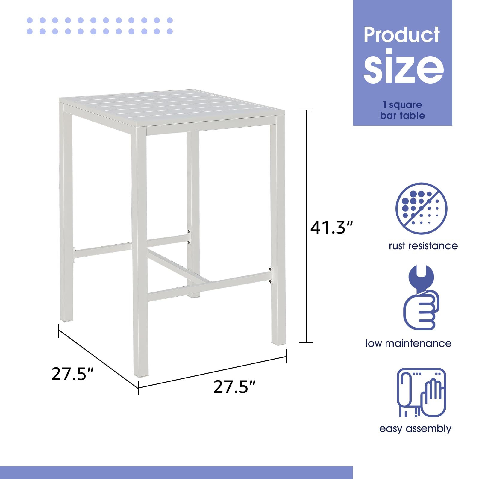 Soleil Jardin Bar Table High Top Table with All-Aluminum Frame Square Pub Table for Indoor & Outdoor Use, Easy Assembly & Low Maintenance, White
