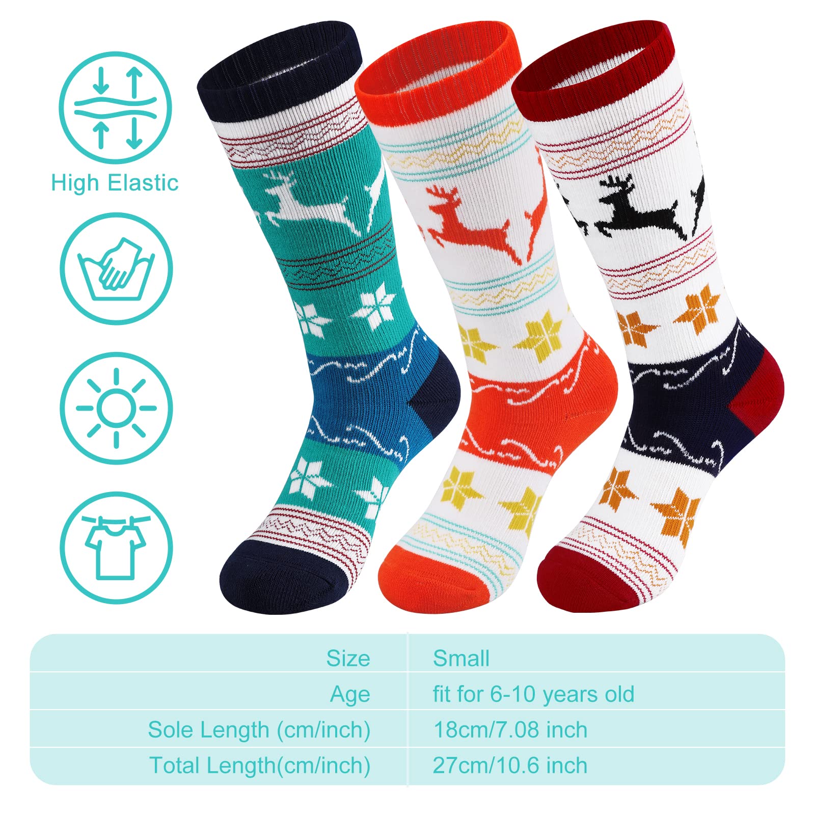 Kids Winter Ski Socks, Warm Socks for Boys Girls Skiing Snowboarding Ages 5-8 Years (S, Orange+Blue+Red)