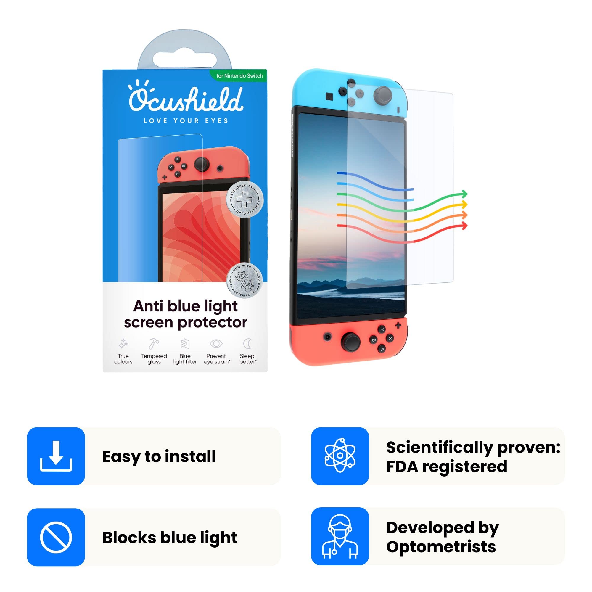 Ocushield Anti Blue Light Tempered Glass Screen Protector for Nintendo Switch Lite Console - Protect Kids Eyes from Strain and Fatigue