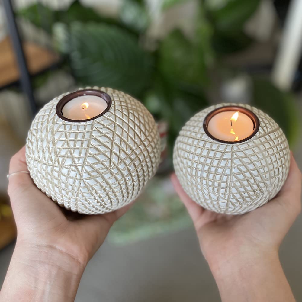 Luca Orb Candle Holders (Gift Boxed Set of 2), Table Centerpieces for Dining or Living Room, Spa, Bathroom, Kitchen Counter, Mantle or Coffee Table Decor (Grid Pattern, Beige and White)