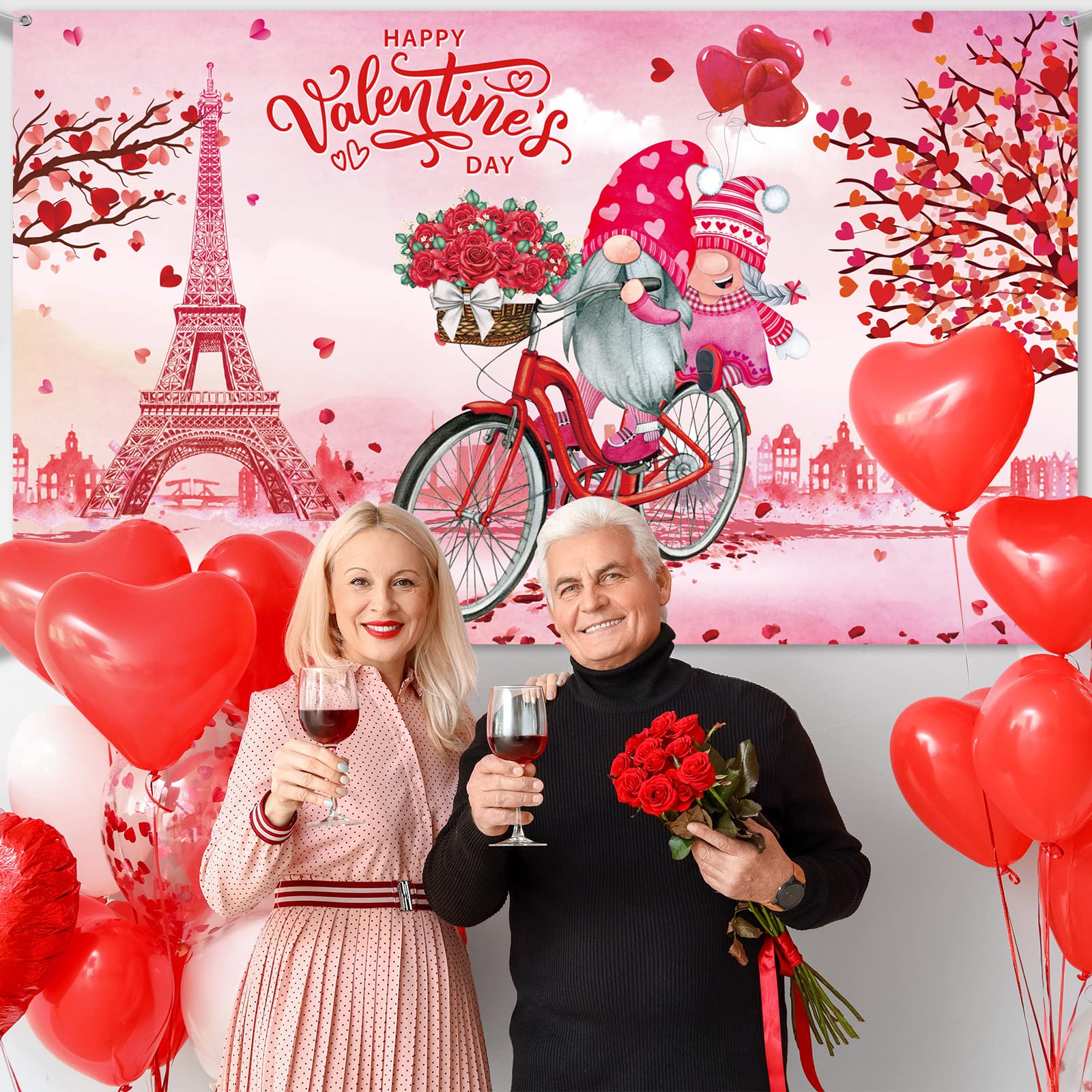 Valentine's Day Backdrop Valentine Backdrop Background for Photography Happy Valentine's Day Backdrop Banner Photo Booth Props Red Heart Backdrop for Mother's Valentine's Day Decor (Gnomes)