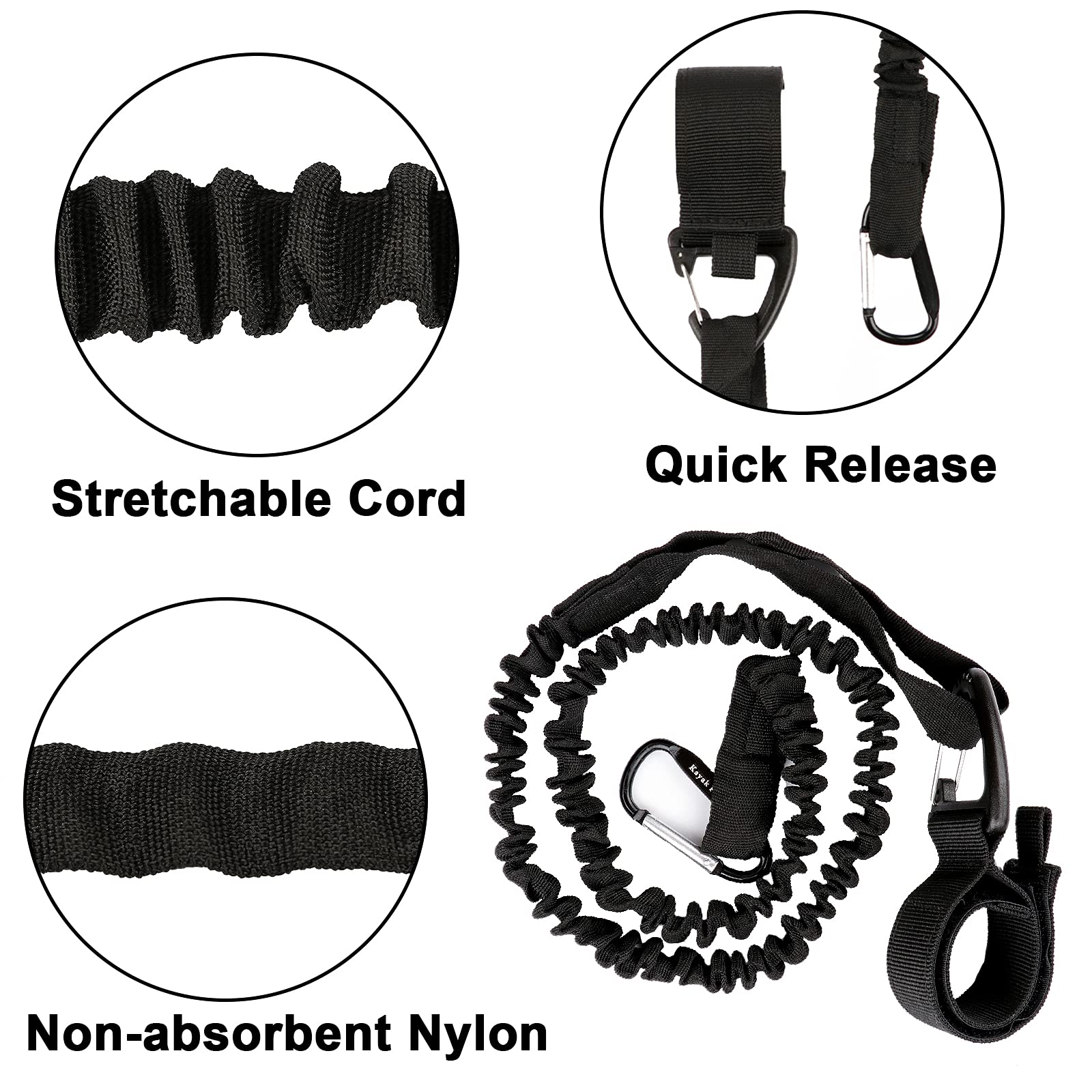 Luckyhern 2 Pack Kayak Paddle Leash - Secure Stretch Lanyard Leash for Paddles and Fishing Poles - Quick Realease - Drip Rings Included