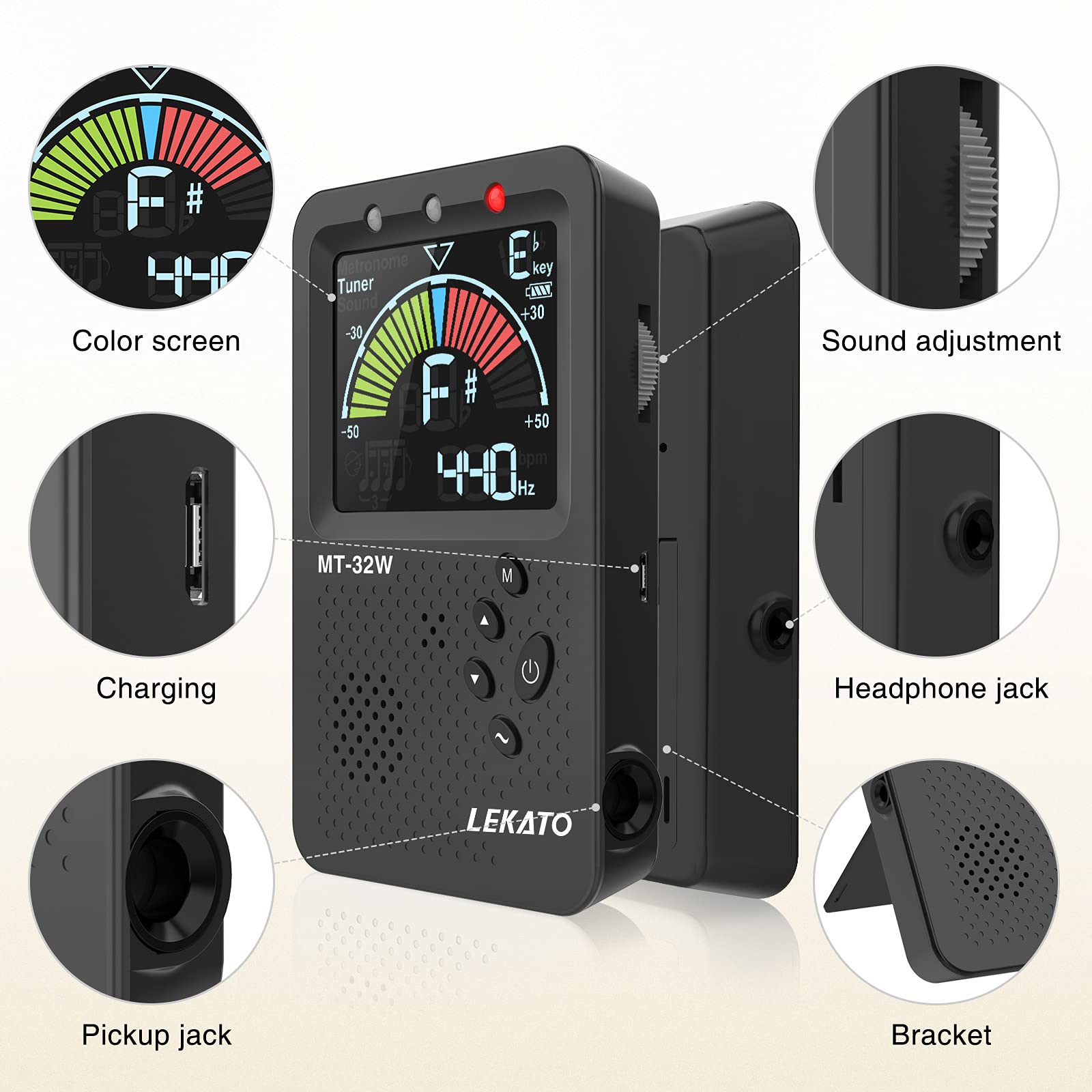 Metronome Tuner, Rechargeable 3 In 1 Digital Metronome with Vocal Count, Tone Generator Tuners for Guitar, Bass, Violin, Ukulele, Chromatic, Clarinet, Trumpet, Flute, All Instruments, Black by LEKATO