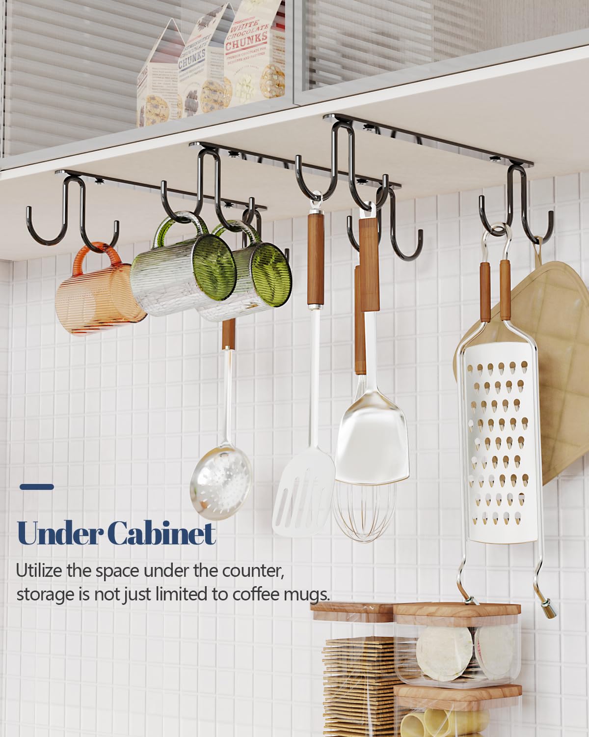 Luckinow Mug Hooks Under Cabinet 3 Pack, Coffee Cup Hooks for Hanging Under Shelf, Mug Organizer Rack with 12 Hooks for Displaying Mugs, Coffee Cups and Kitchen Utensils, Black