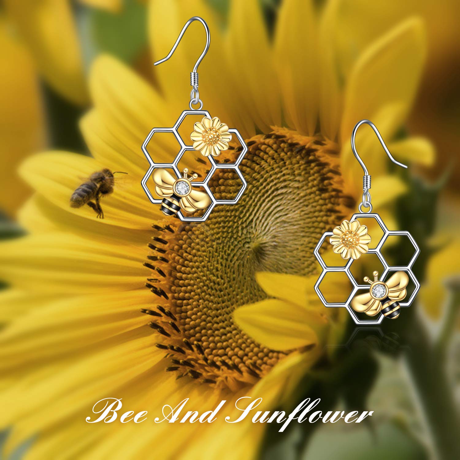 LUHE Honeycomb with Bee Stud Earrings 925 Sterling Silver Beehive and Bee Earrings for Women (bee earrings) (B-Bee earrings)